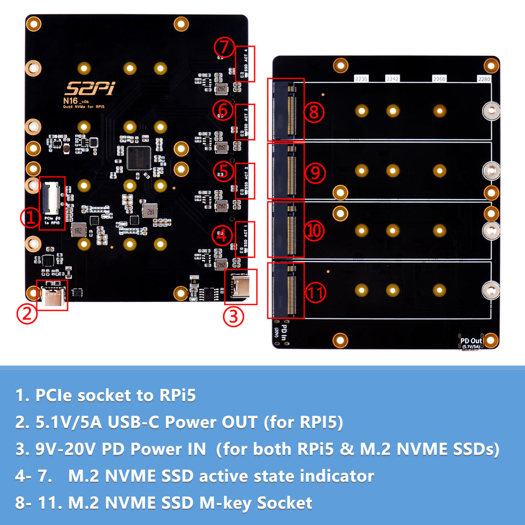 52Pi N16 Quad NVMe expansion board for Raspberry Pi 5, Support M.2 NVM ...