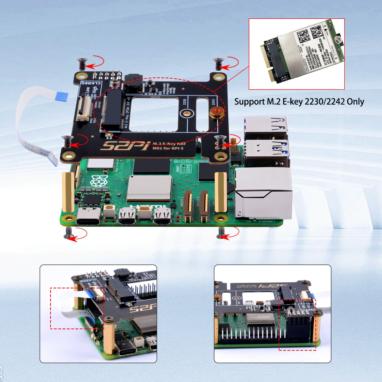 52Pi M01 PCIe M.2 E-Key NVMe SSD PCIe Peripheral Board for Raspberry P ...