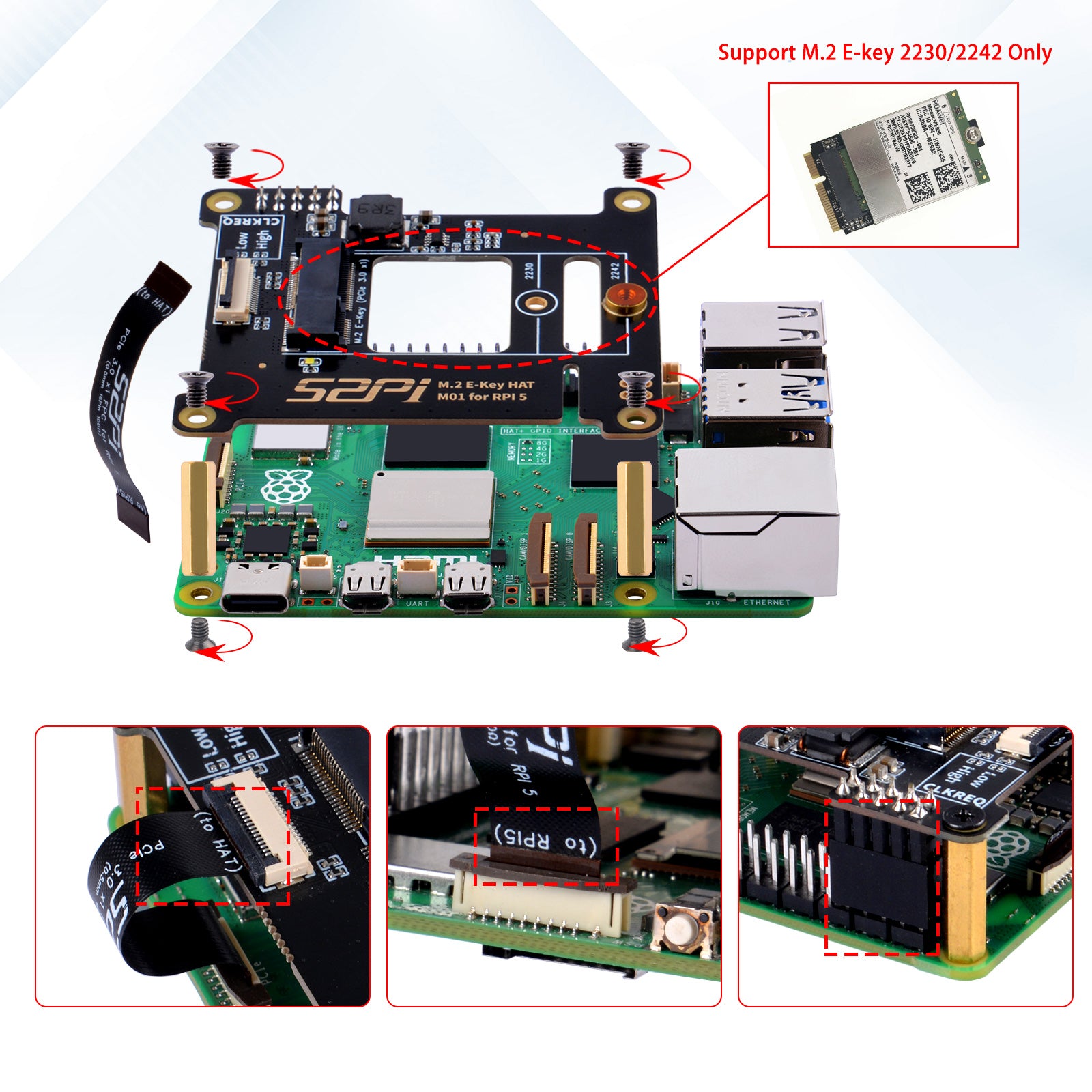 52Pi M01 PCIe M.2 E-Key NVMe SSD PCIe Peripheral Board for Raspberry P ...