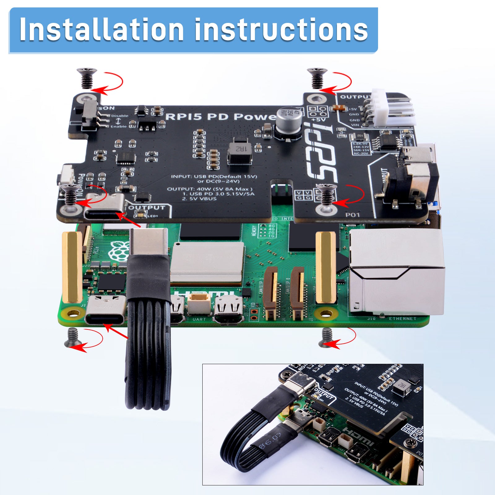 52Pi PD Power Expansion Board for Raspberry Pi 5 8GB 4GB, with Always ...