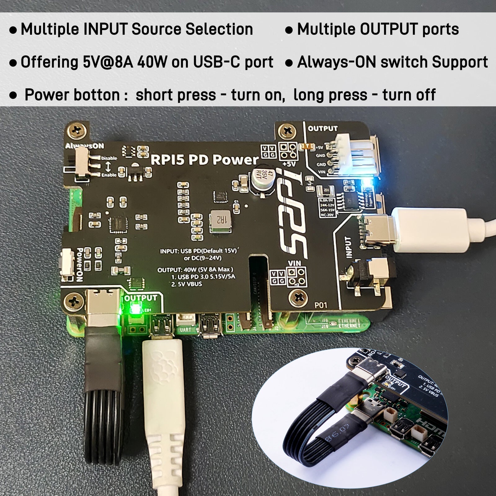 52Pi PD Power Expansion Board for Raspberry Pi 5 8GB 4GB, with Always ...