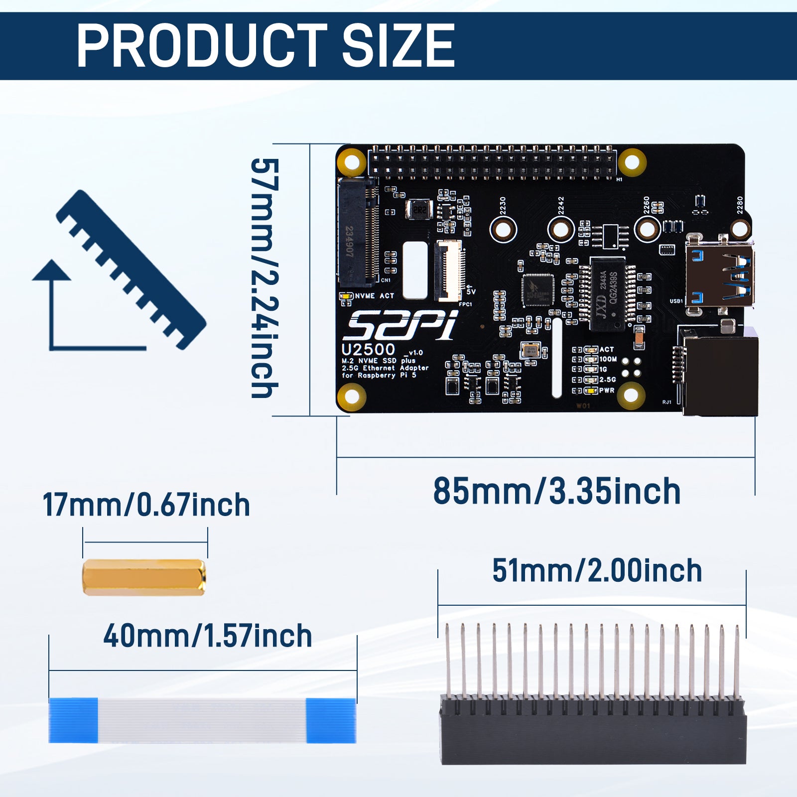 52Pi M.2 NVMe SSD Plus 2.5G Ethernet Adapter for Raspberry Pi 5, W01 U ...