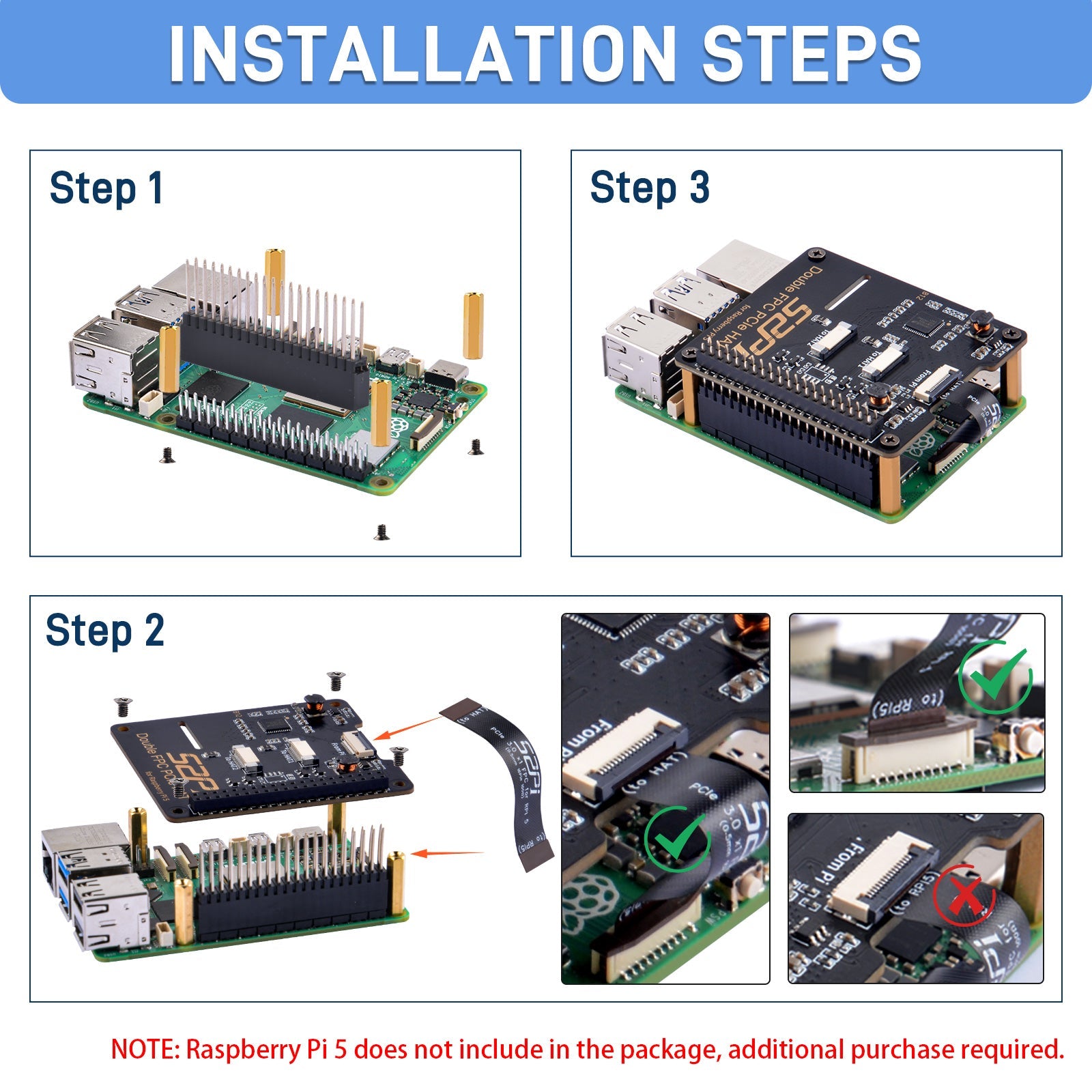 52Pi Dual FPC PCIe HAT for Raspberry Pi 5, B12 HAT 1 to 2 PCIe Interfa ...