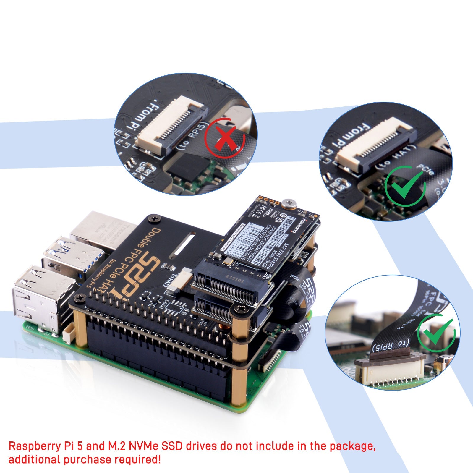 52Pi Dual FPC PCIe HAT for Raspberry Pi 5, B12 HAT 1 to 2 PCIe Interfa ...
