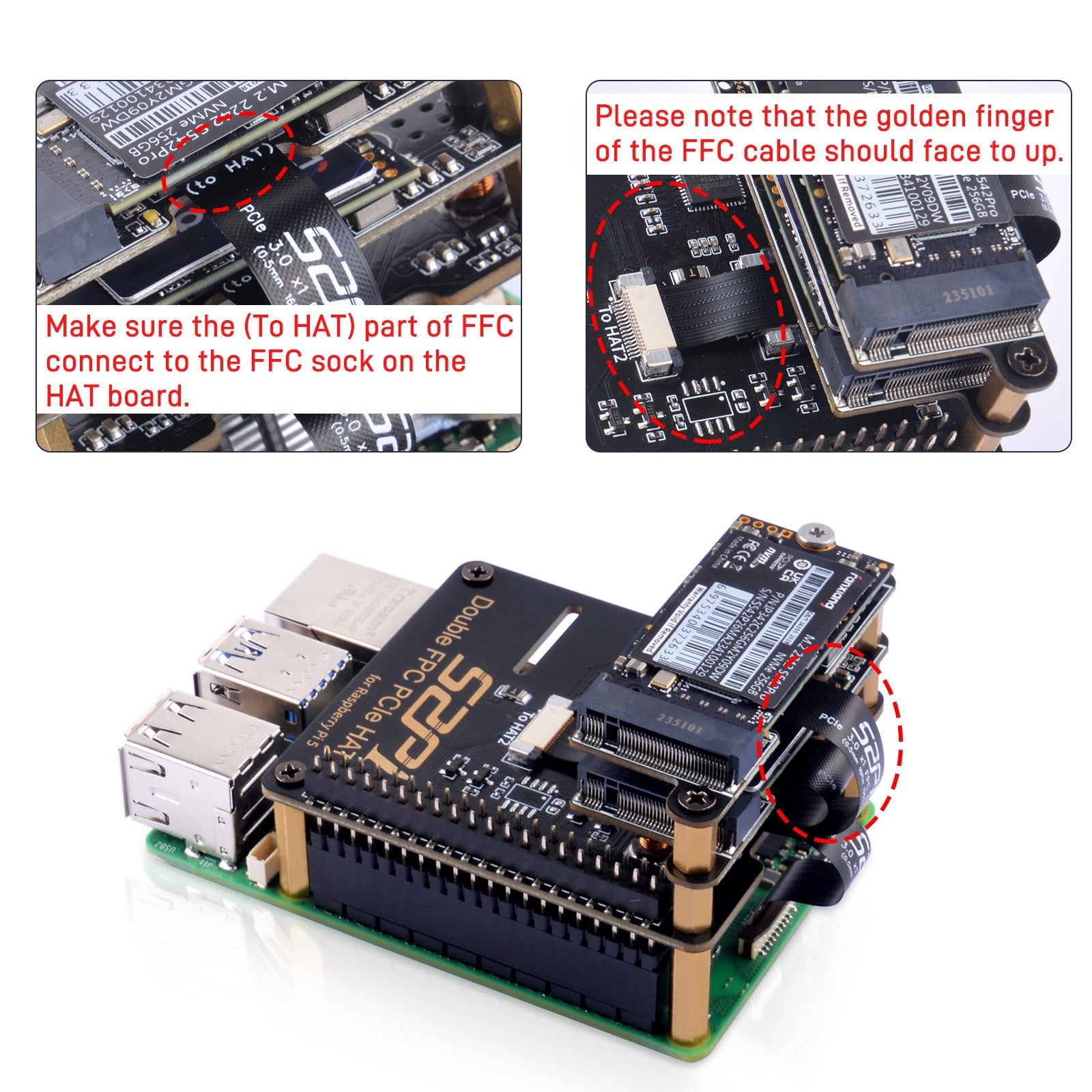 52Pi Dual FPC PCIe HAT for Raspberry Pi 5, B12 HAT 1 to 2 PCIe Interfa ...