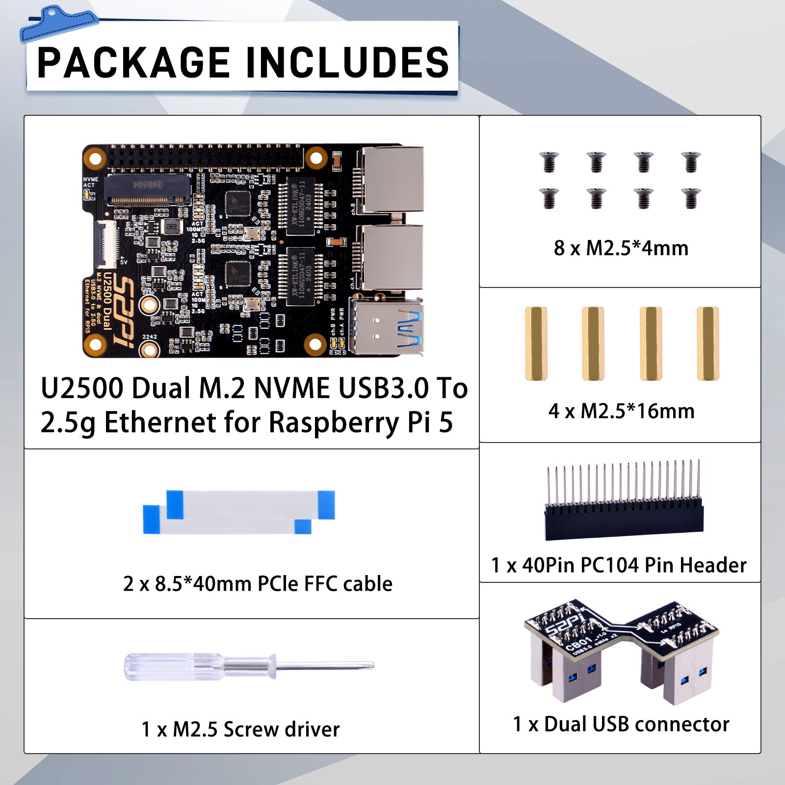 52Pi U2500 Dual M.2 NVME USB3.0 To 2.5g Ethernet For Raspberry Pi 5,Su ...