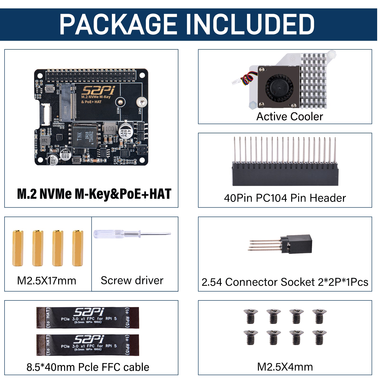 52Pi M.2 NVME M-KEY PoE+ Hat with Official Pi 5 Active Cooler for Rasp ...