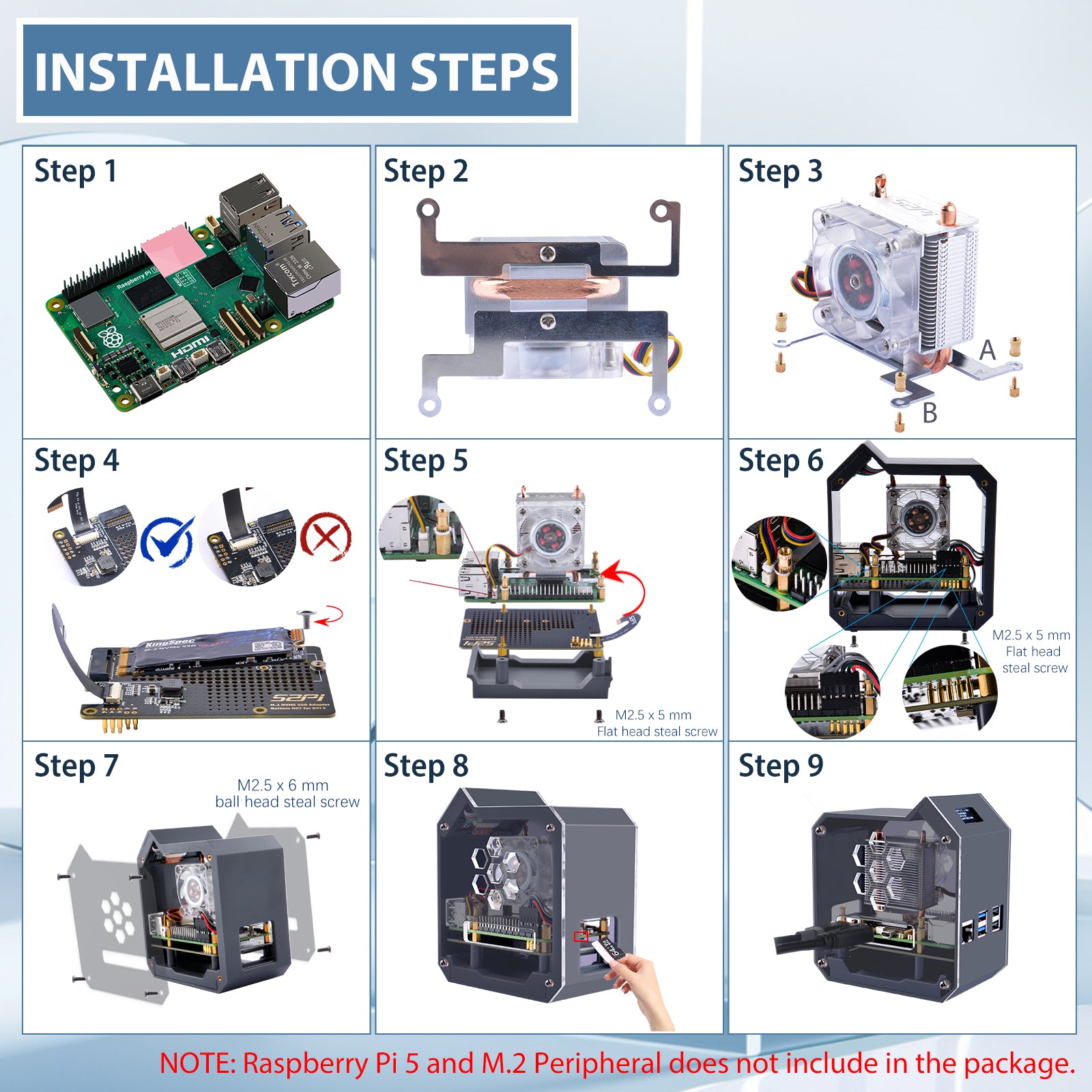 52Pi ABS Case Kit for Raspberry Pi 5, with N07 PCIe M.2 M-Key NVMe SSD ...