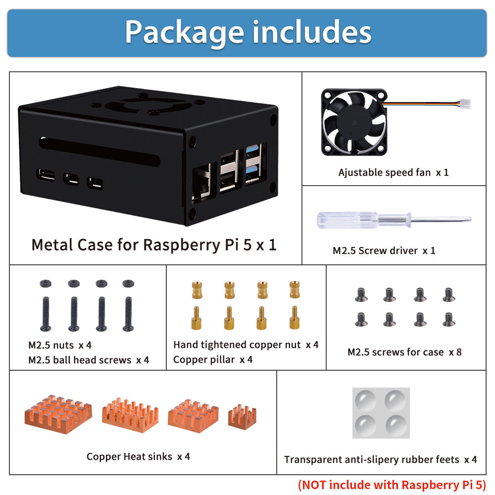 52Pi Raspberry Pi 5 Metal Case with Cooling Fan and Heatsinks Support ...